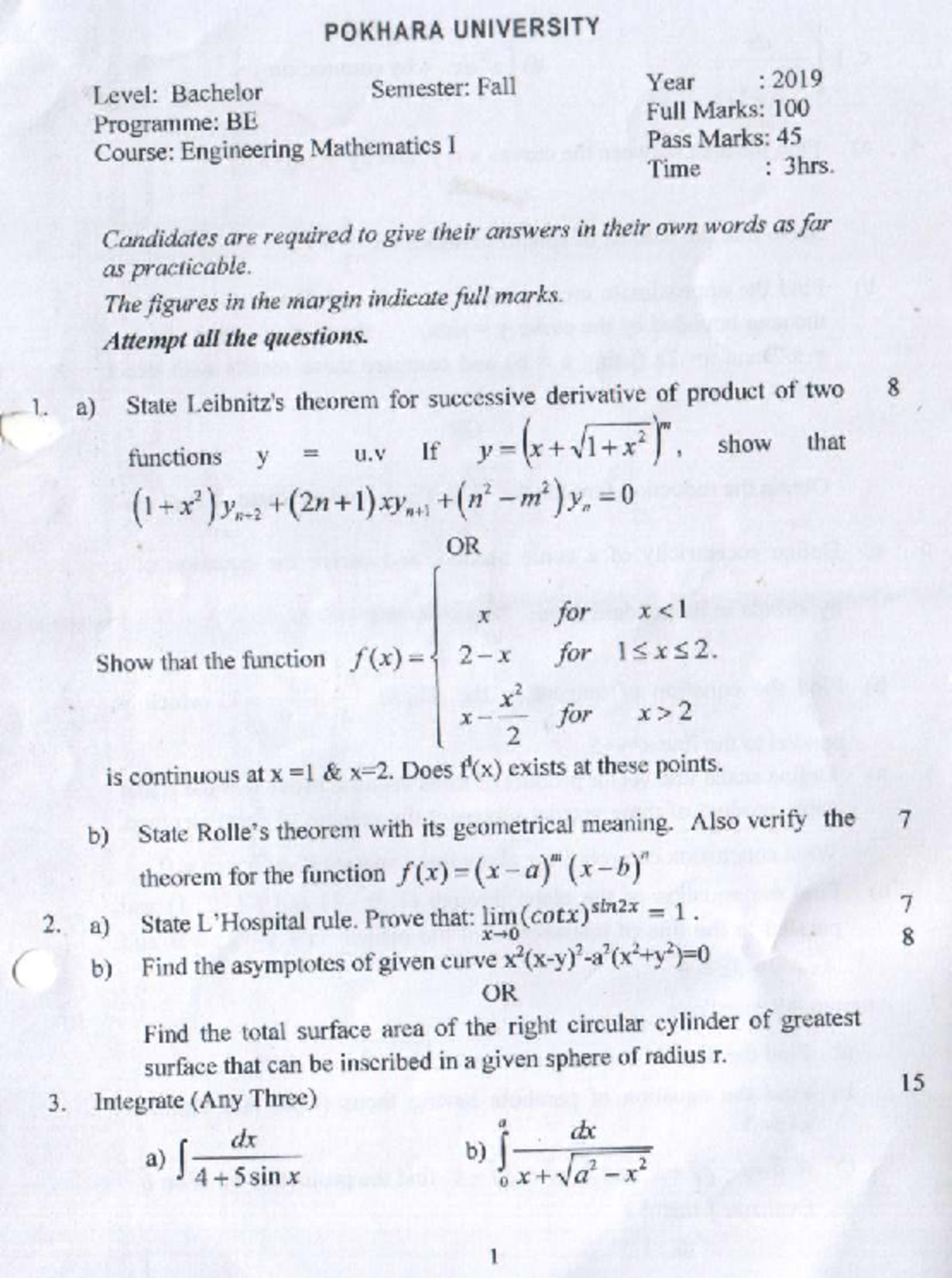 Math-19 Fall - Engineering Mathematics I Question Paper - Studocu