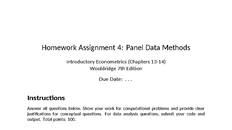HW 4: Intro to Panel Data Methods - Econometrics (Ch 13-14) - Studocu