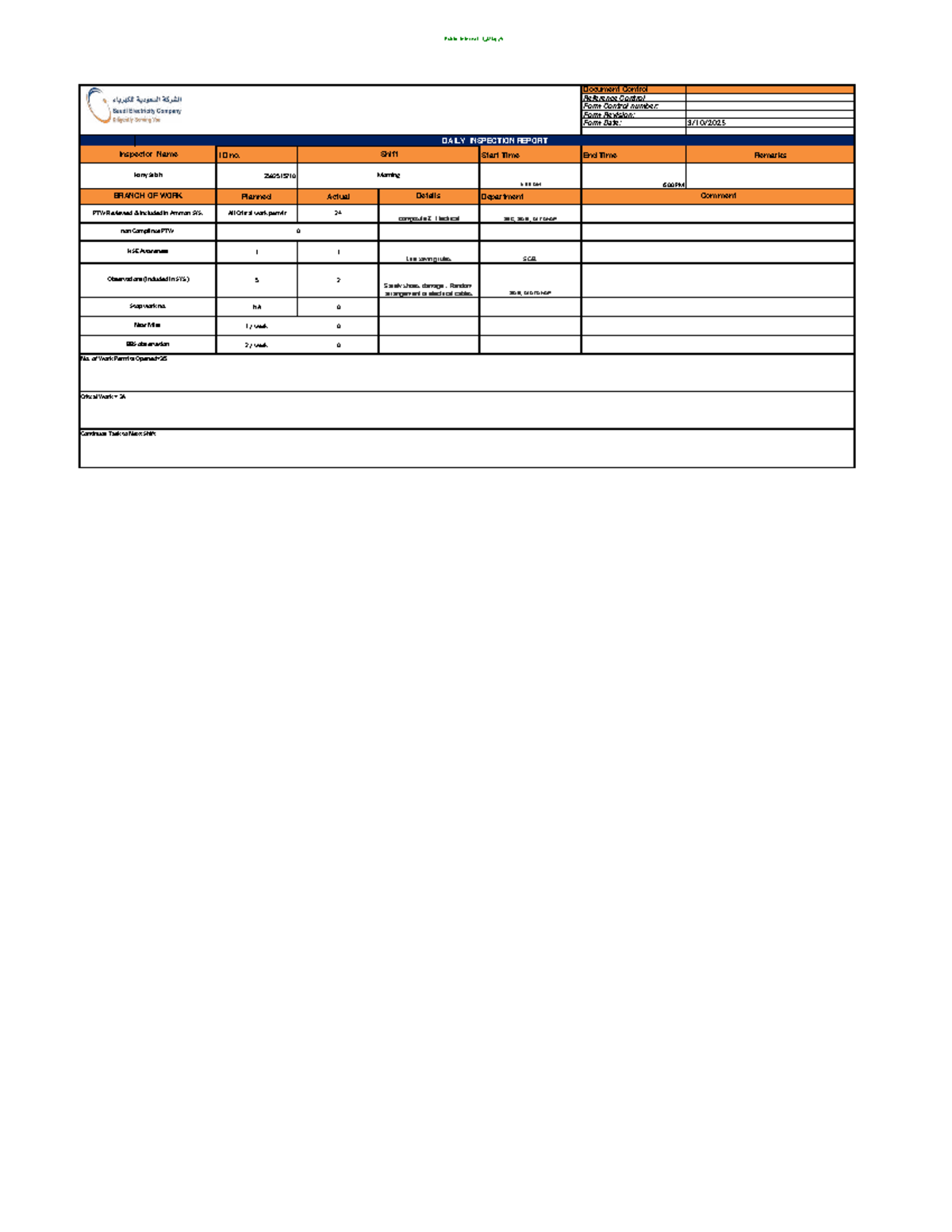 Daily Inspection Report - Public Internal Control Form (3 OCT 2025 ...