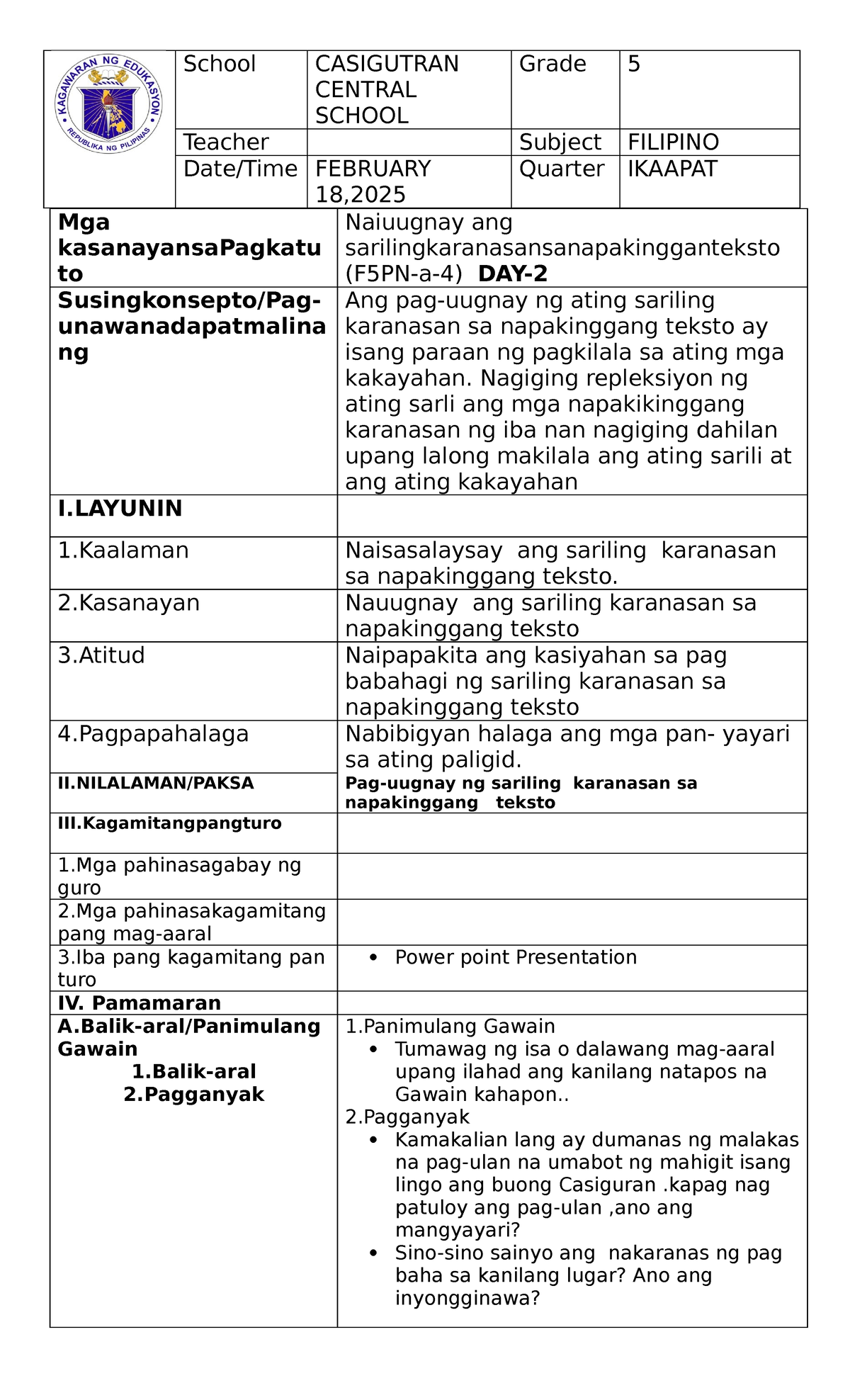 NINI DLP 044923 084447 - Grade 5 Filipino Lesson: Pag-uugnay sa ...
