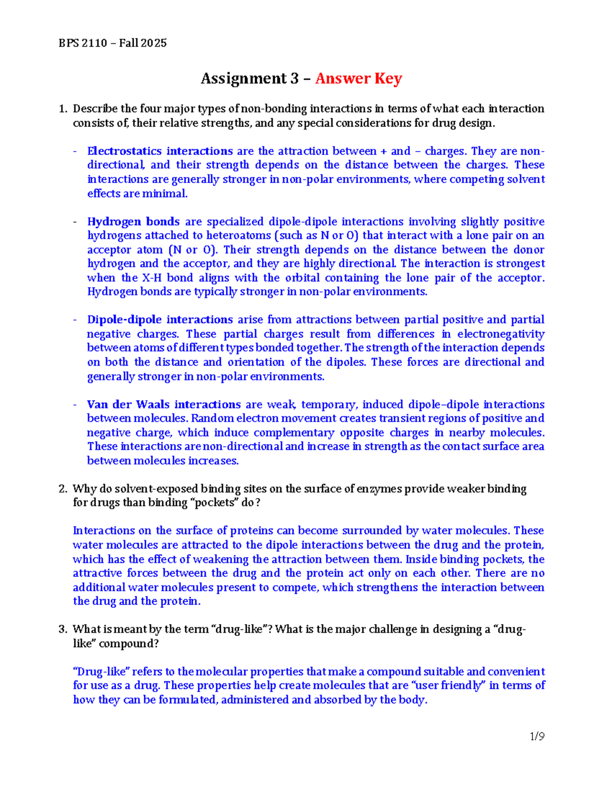 BPS 2110 Fall 2025 Assignment 3 Answer Key: Drug Interaction Types ...