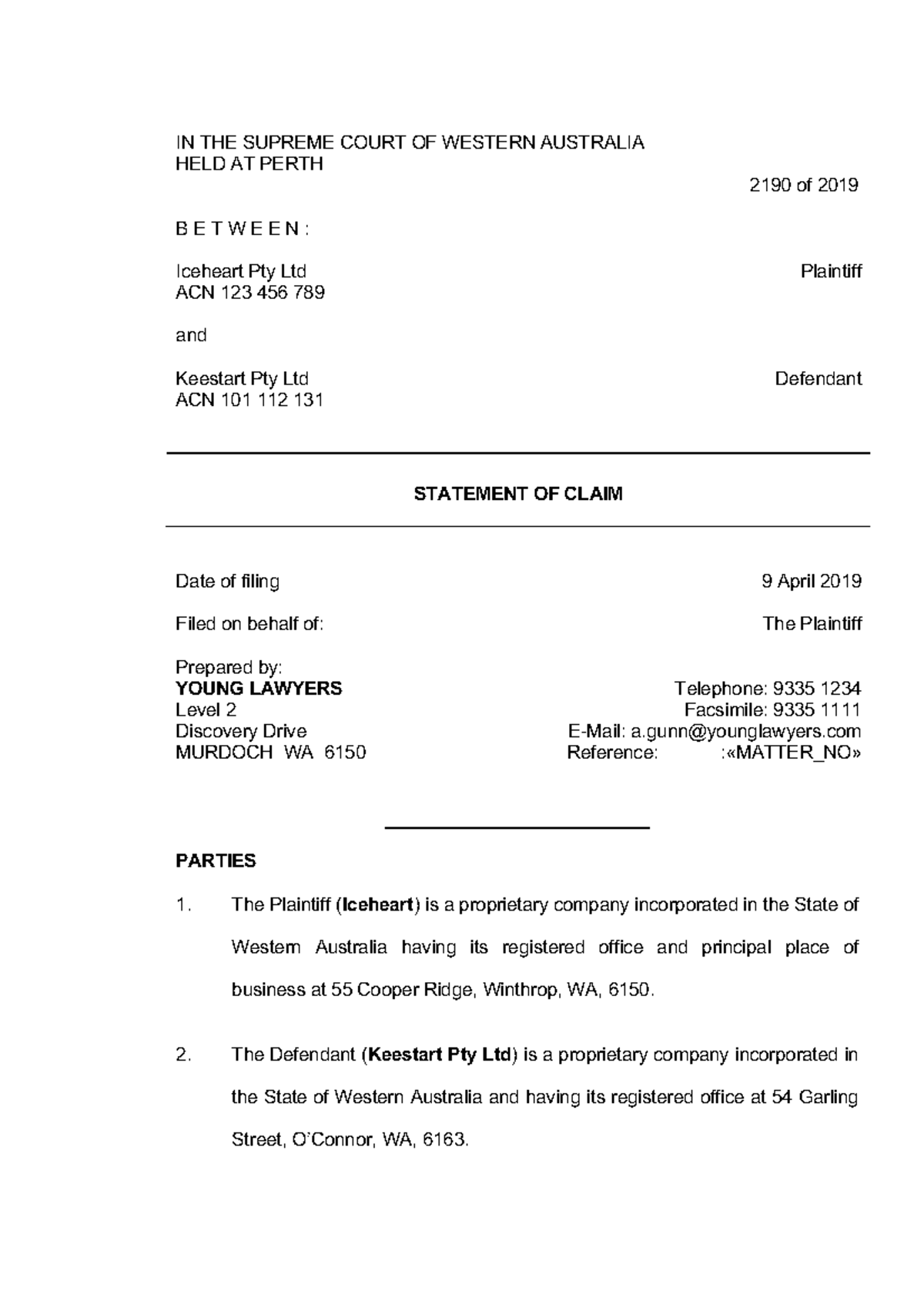 Legal Claim Document: Iceheart Pty Ltd vs. Keestart Pty Ltd (Case 2190/ ...