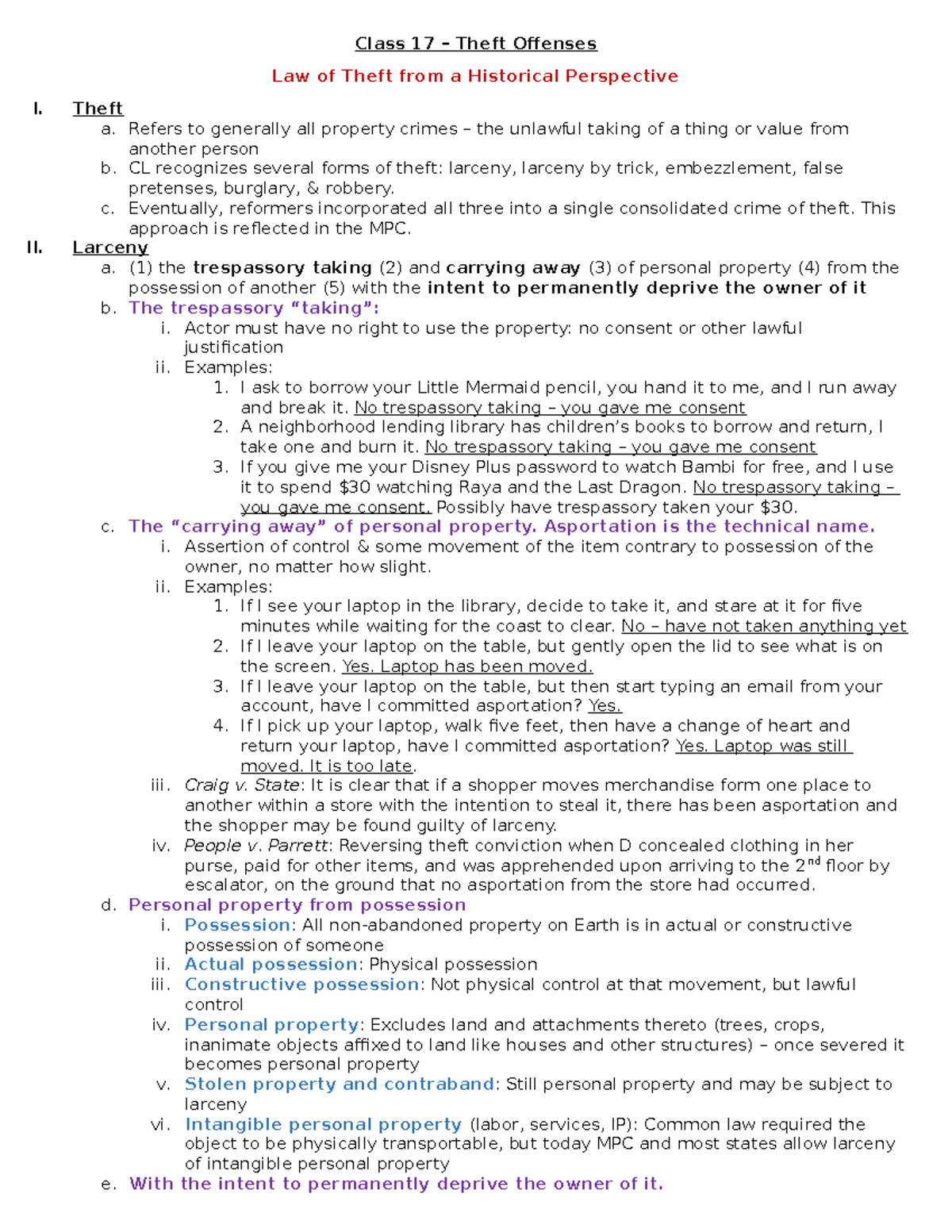 Class 17 - Comprehensive Overview of Theft Offenses and Larceny Law ...