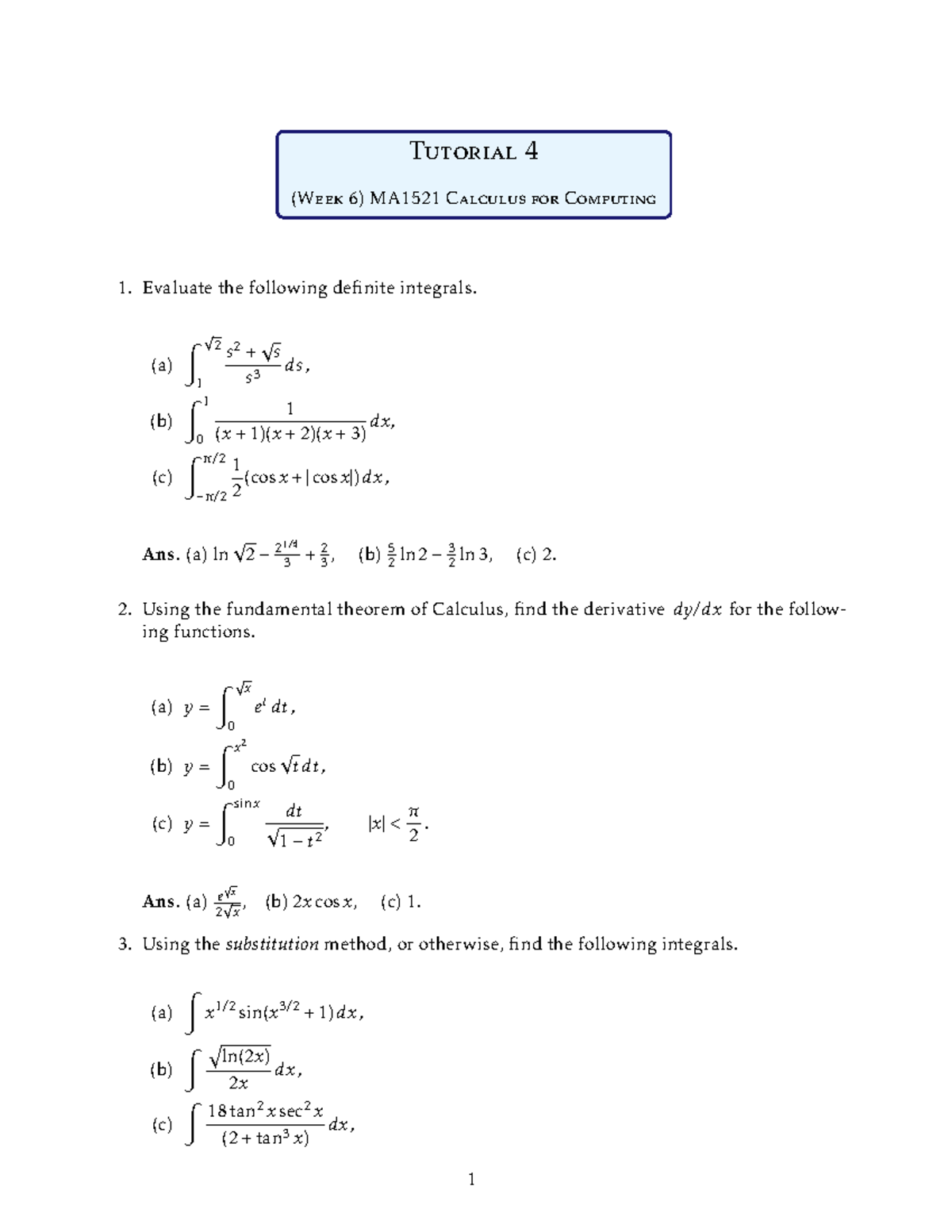 Tutorial 4 (Week 6) MA1521 Calculus for Computing 1: Definite Integrals ...