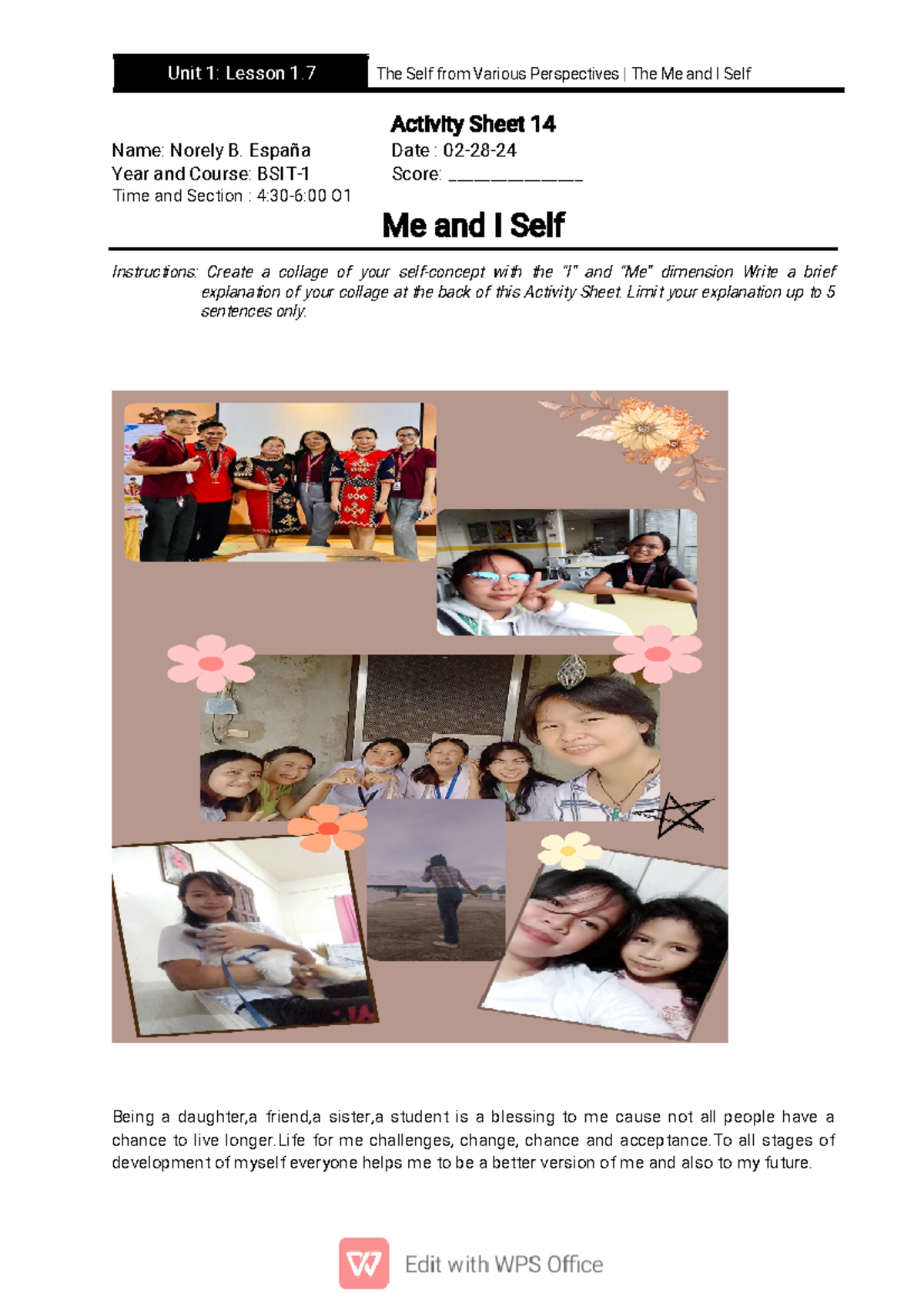 Activity Sheet 14: Exploring the Self – The Me and I Perspective for ...