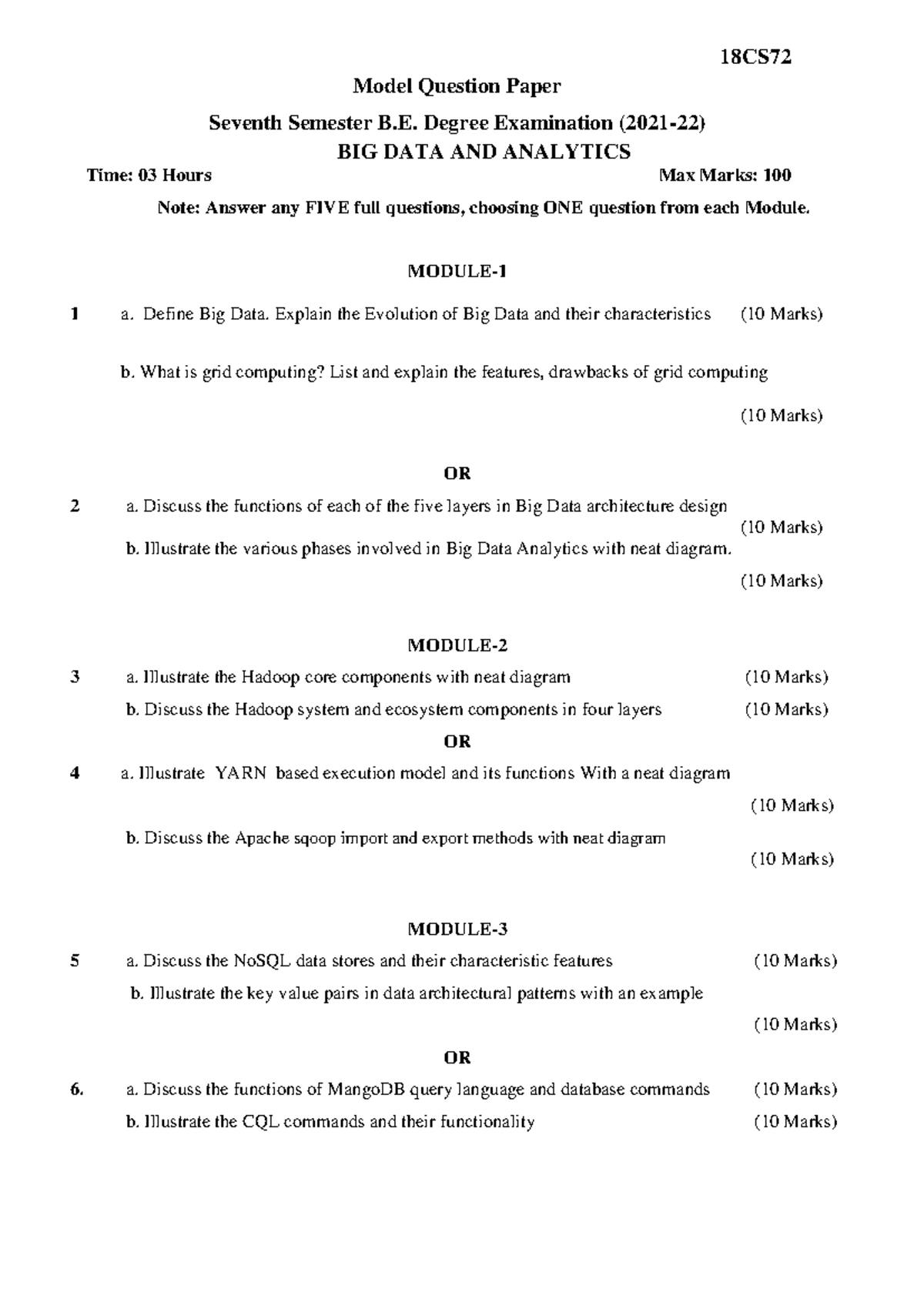 18CS72 - 18CS Model Question Paper Seventh Semester B. Degree Examination (2021-22) BIG DATA AND ...