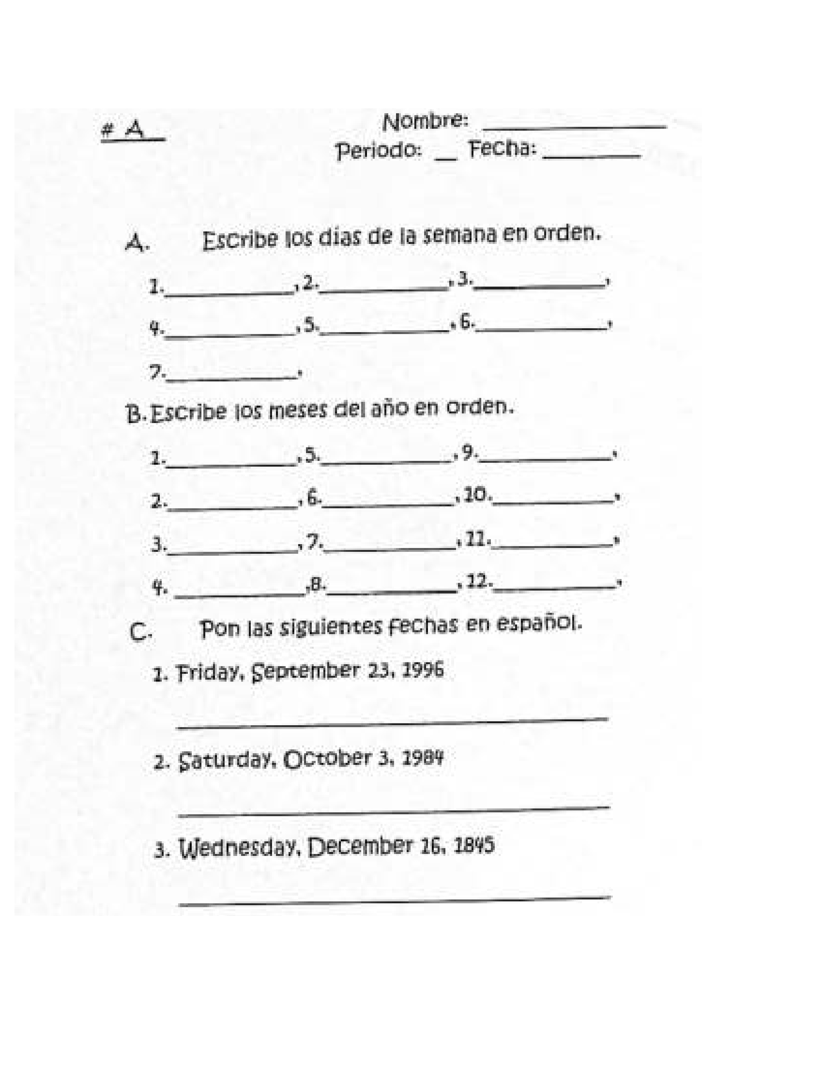 Práctica de Fechas y Días de la Semana - Español - Studocu