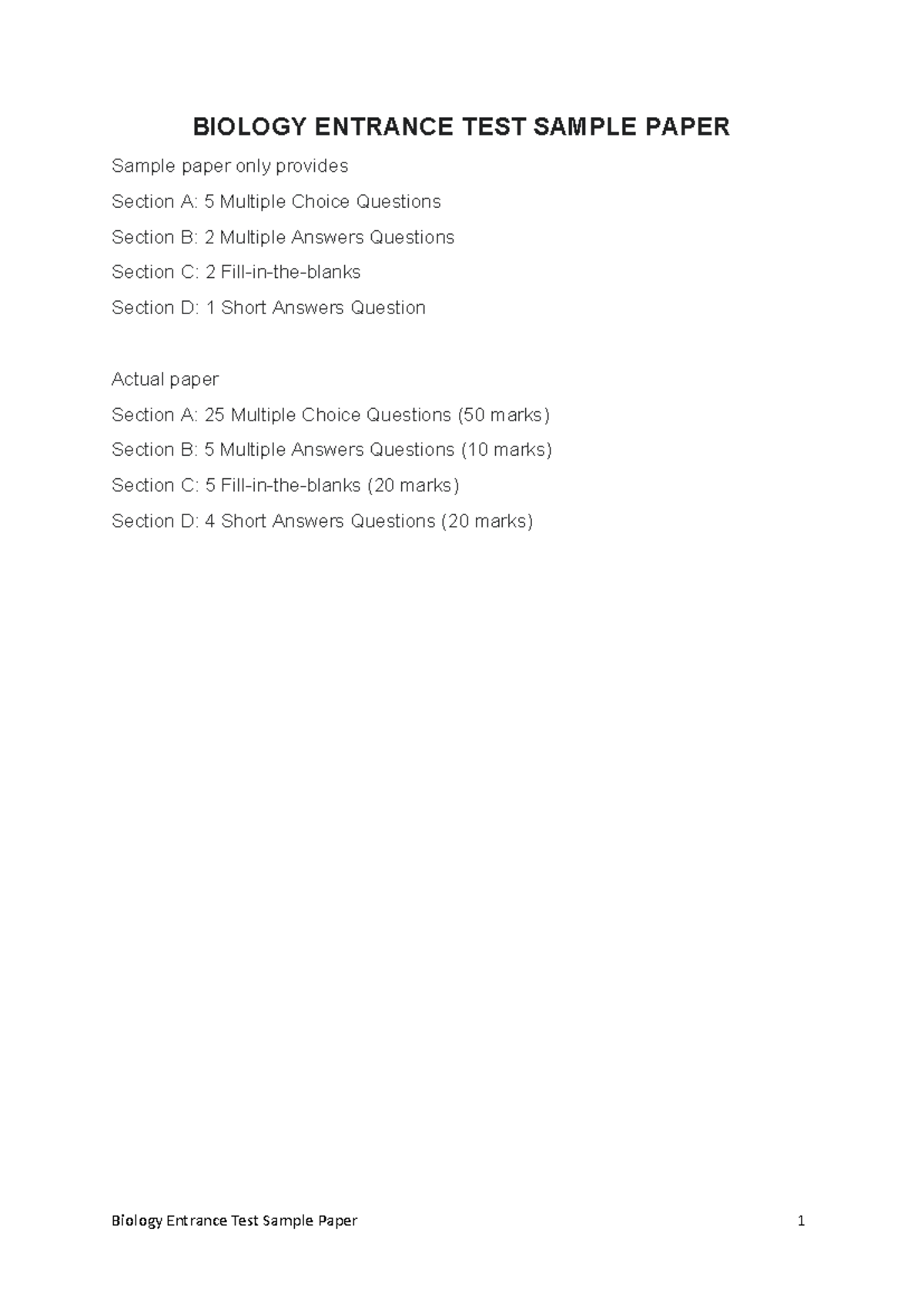 Biology Entrance Test Sample Paper - Official Practice (BIO101) - Studocu