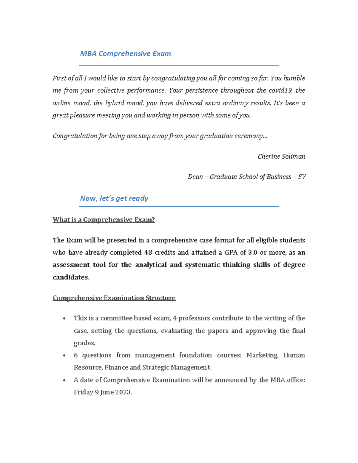 MBA Comprehensive Exam Orientation Guide - June 2023 - Studocu