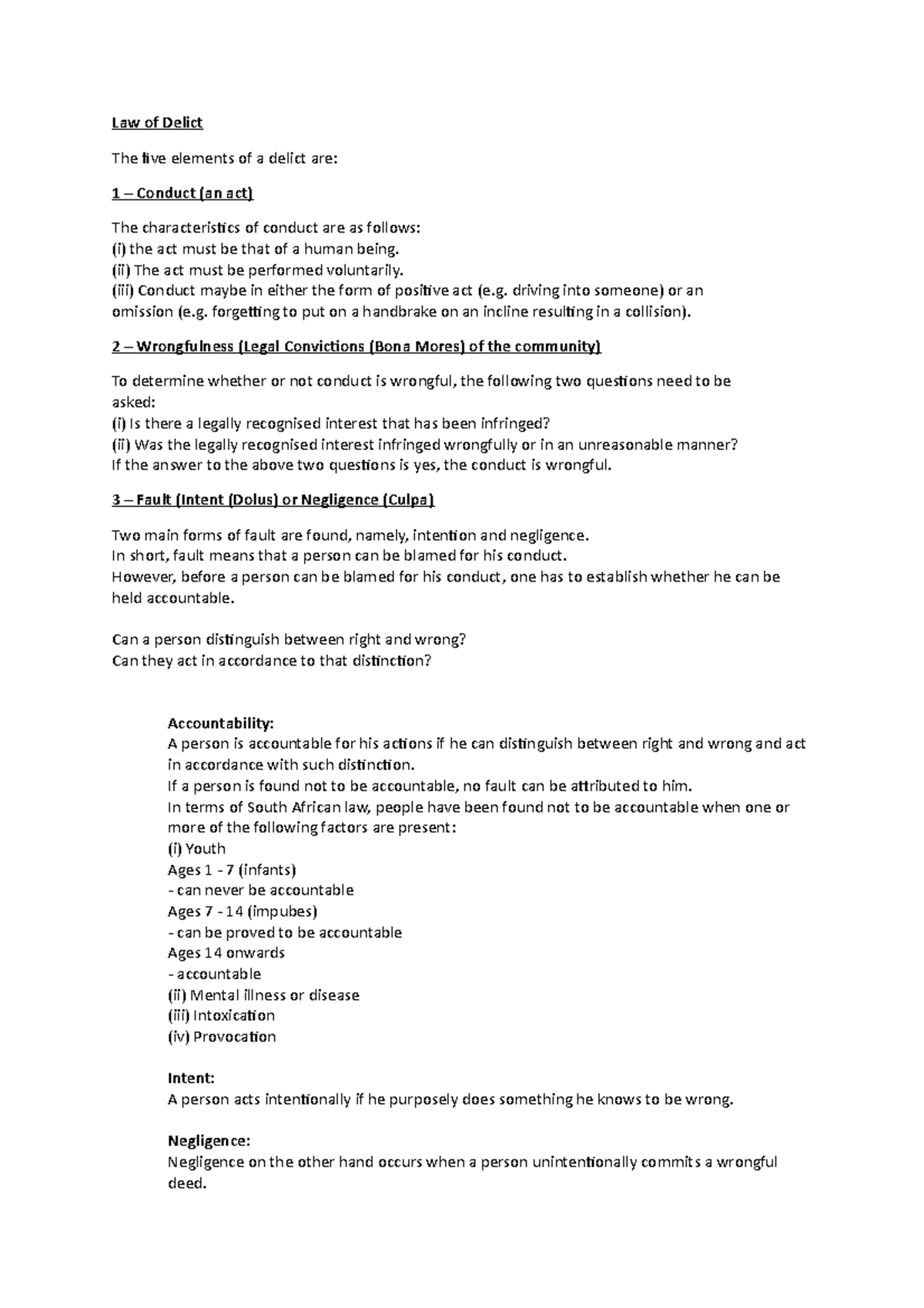 Law of Delict notes 1 - Law of Delict The five elements of a delict are ...