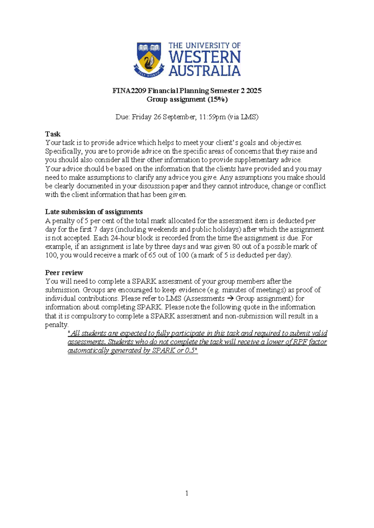 FINA2209 2025S2 Financial Planning Group Assignment Guidelines - Studocu