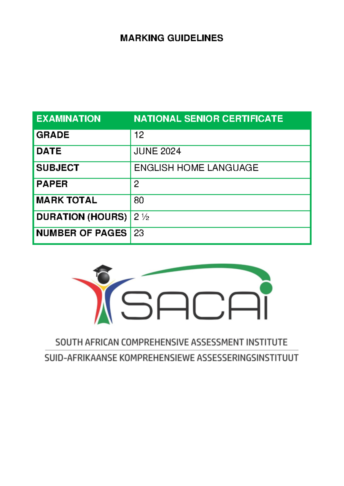 NSC JUNE 2024: ENGLISH HOME LANGUAGE P2 MARKING GUIDELINES - Studocu