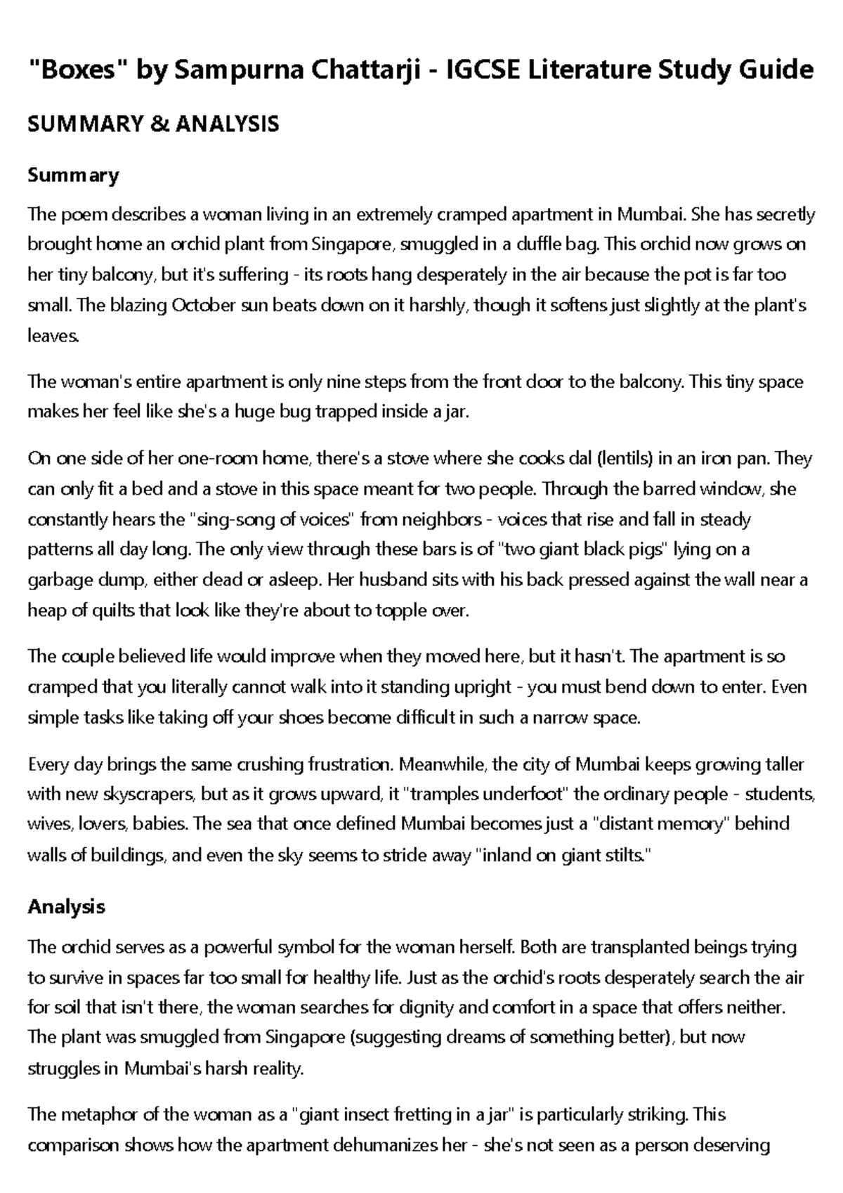 IGCSE Literature Study Guide: Analysis of "Boxes" by Sampurna Chattarji ...