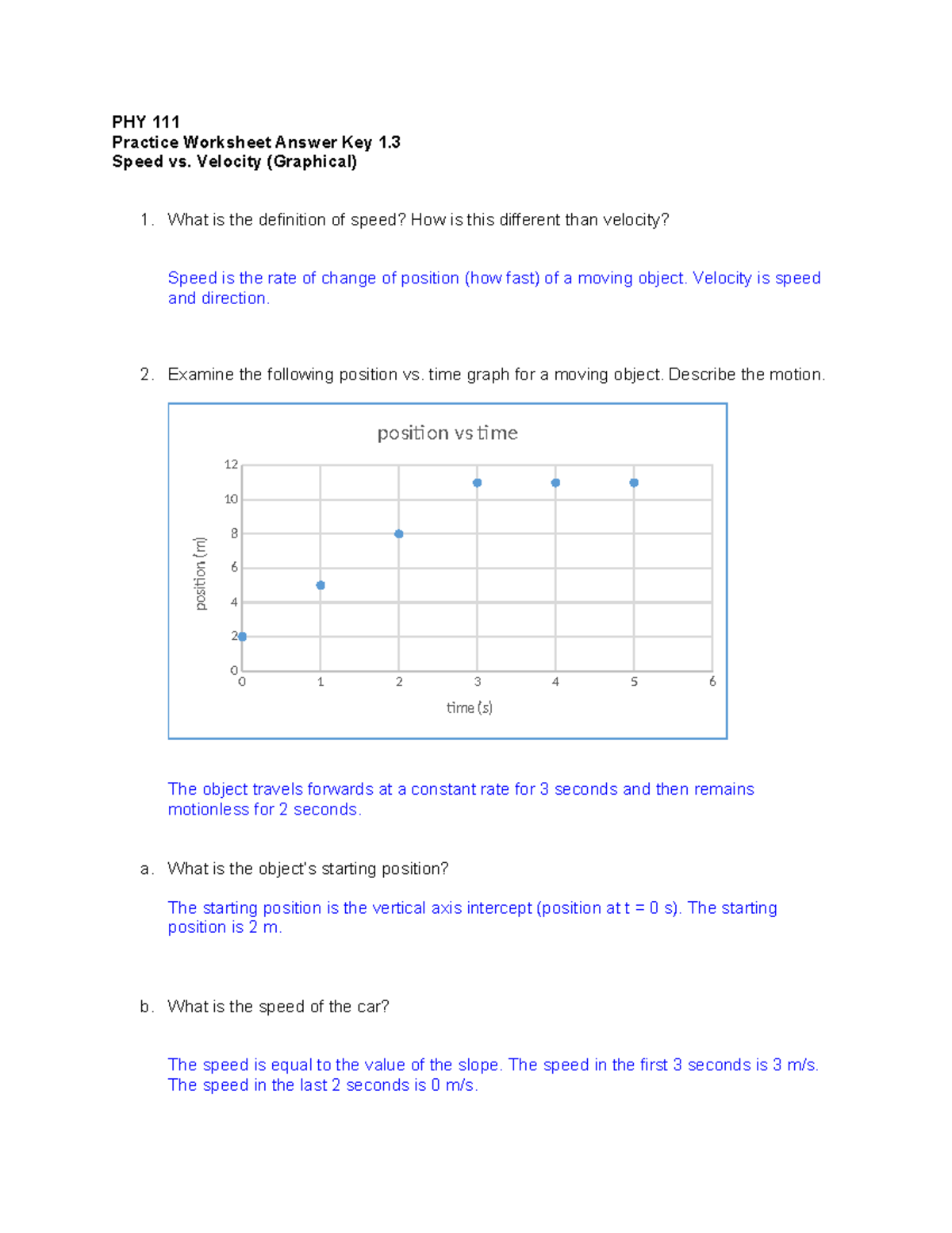 PHY 1.3 Practice Worksheet Answer Key: Speed vs. Velocity - Studocu