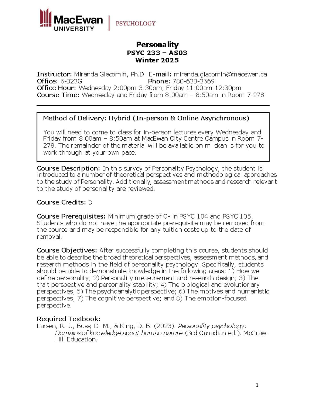 PSYC 233 AS03 W2025 Course Outline - Personality PSYC 233 – AS0 3 Winter 202 5 Instructor ...