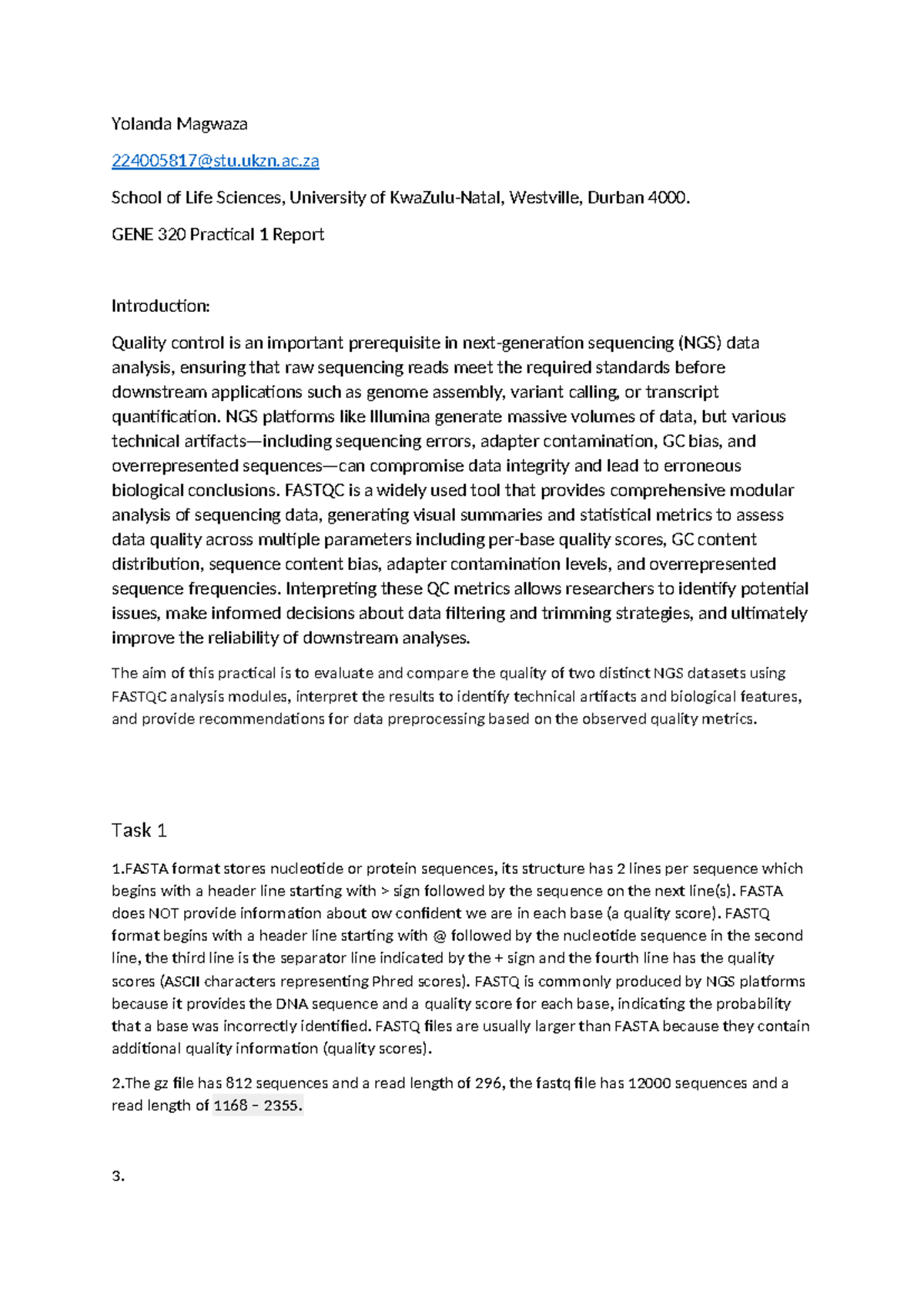 GENE 320 Practical 1: Quality Control in NGS Data Analysis - Studocu