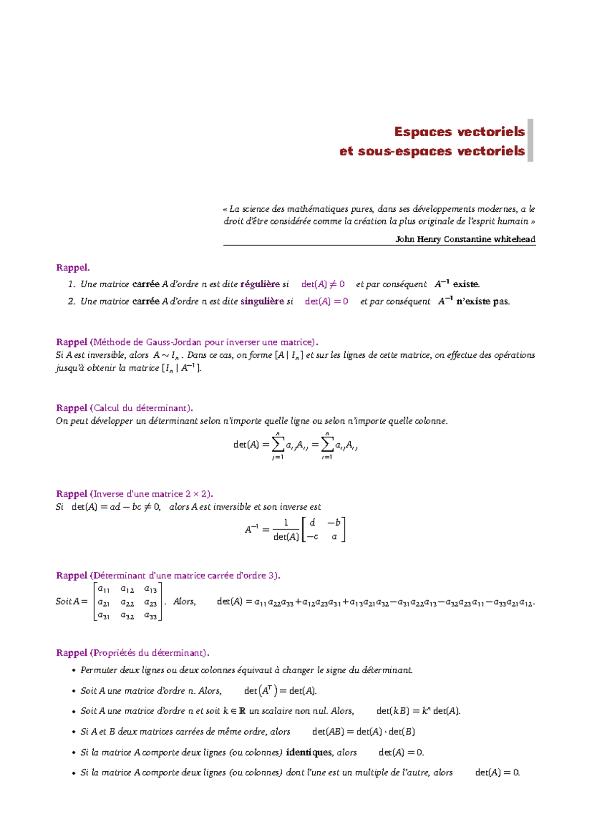 Espace Vectoriel : Concepts et Propriétés - Cours MATH 101 - Studocu