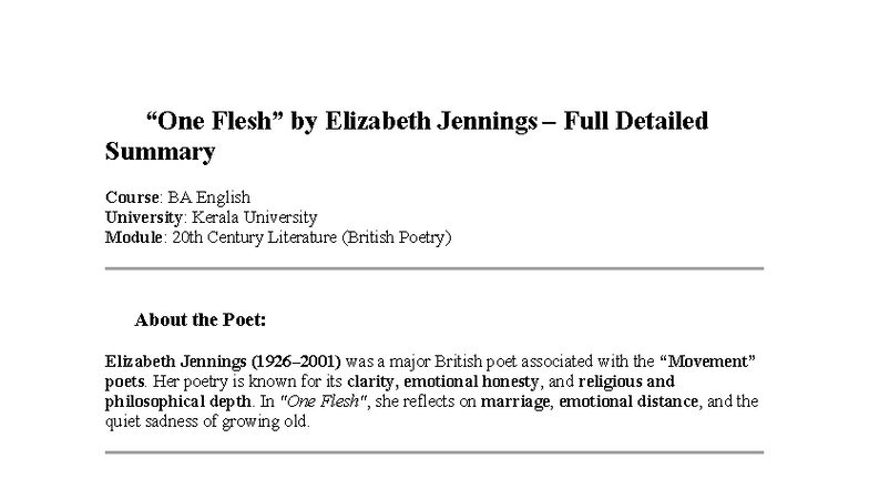 BA English: Elizabeth Jennings' "One Flesh" Detailed Summary - Studocu