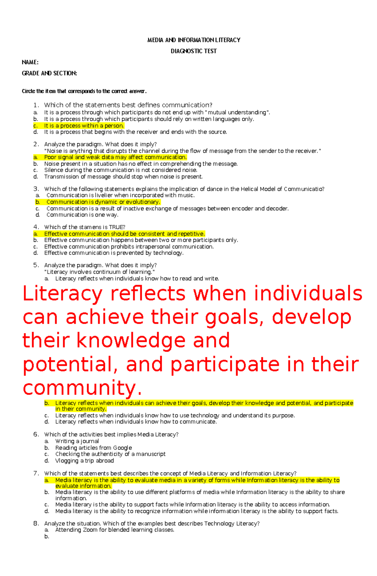 MEDIA AND INFORMATION LITERACY DIAGNOSTIC TEST (UCSP) - Studocu