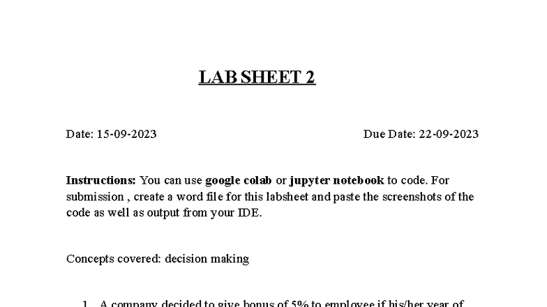 LAB Sheet 2 - Programming Exercises on Decision Making - Studocu