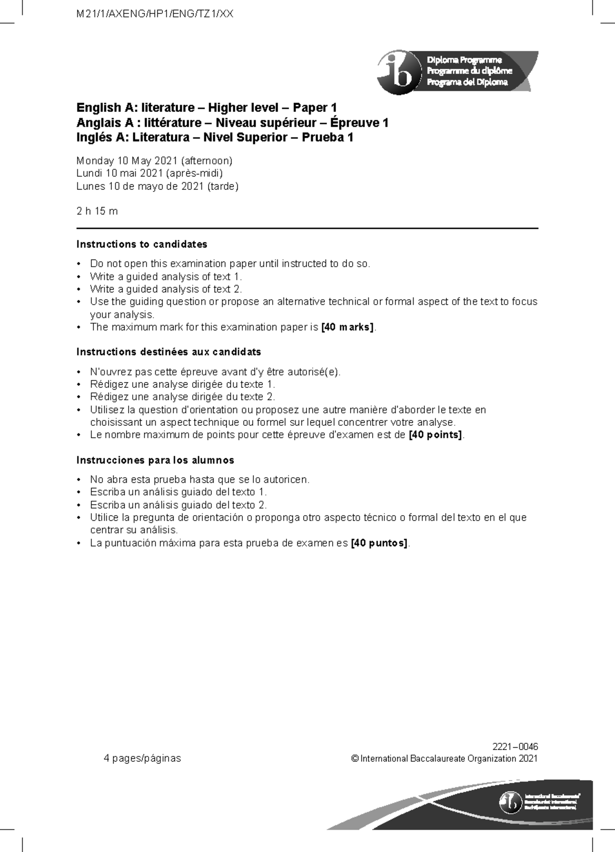 English A: Literature HL Paper 1 Exam Analysis - May 2021 - Studocu