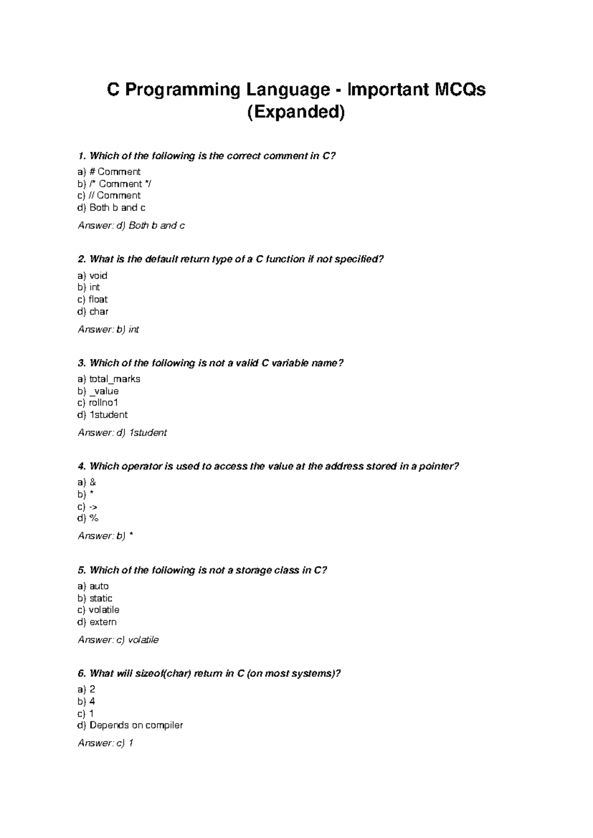C Programming Language MCQs (C101) - Important Questions Expanded - Studocu
