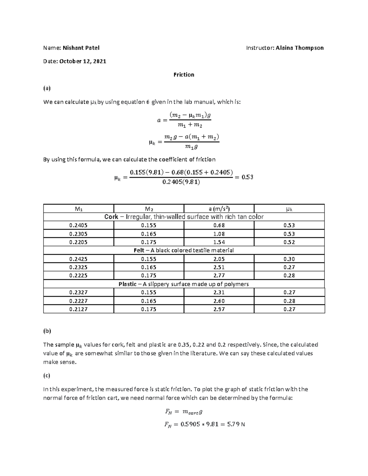 Lab 6 - IIT PHYS 123 Mechanics Coefficient of Friction Report - Studocu