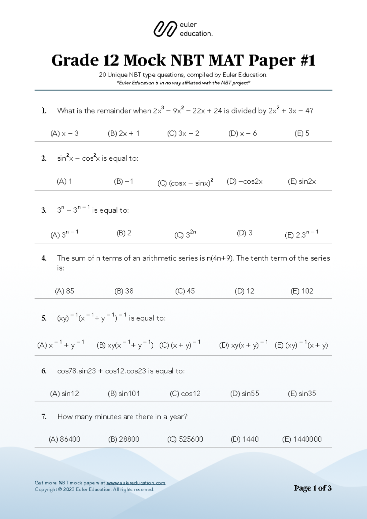 NBT Practice Paper 1 rev1 - Grade 12 Mock NBT MAT Paper 20 Unique NBT ...