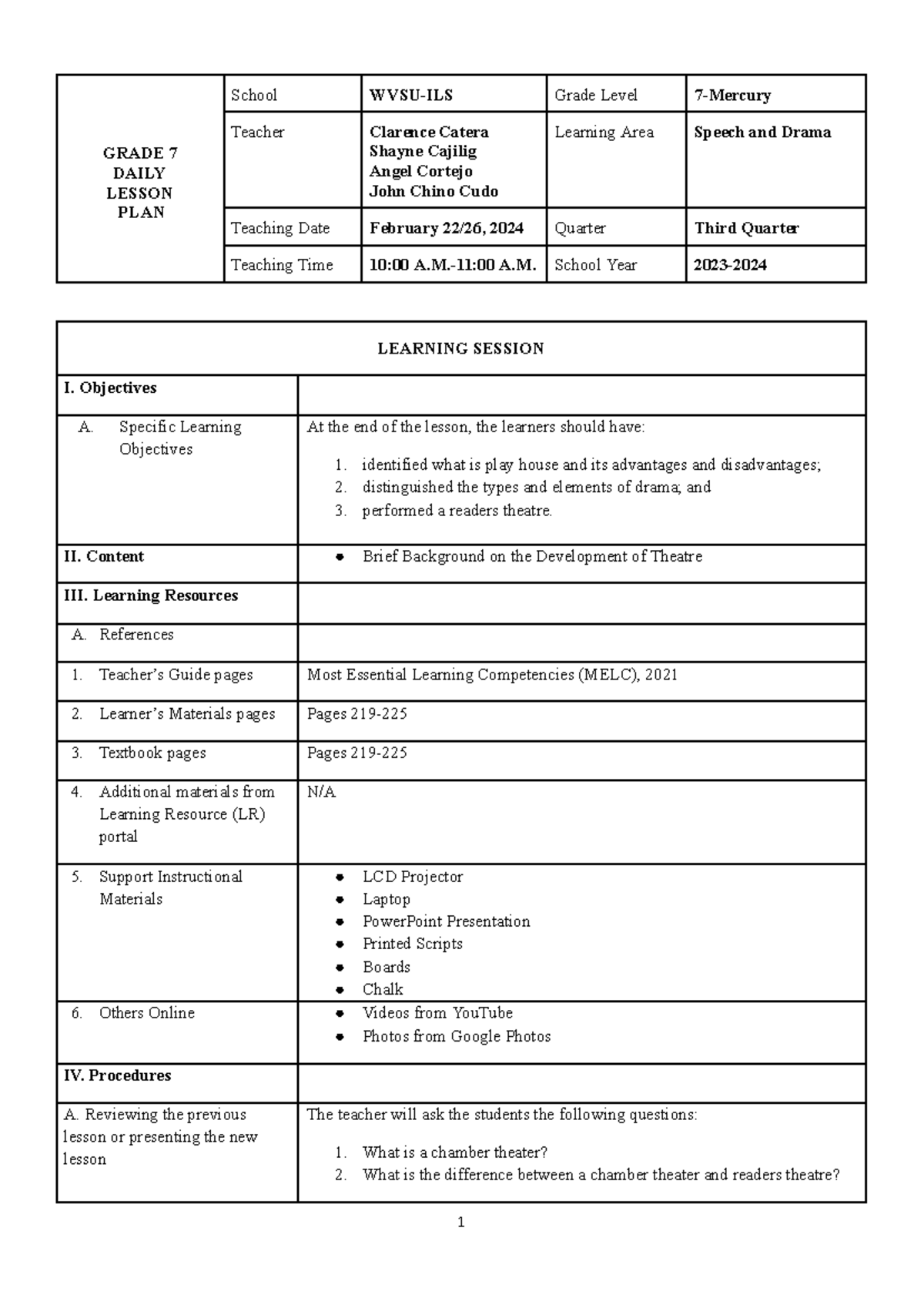 GRADE 7 SPEECH AND DRAMA FINAL LESSON PLAN - FEB 2024 - Studocu