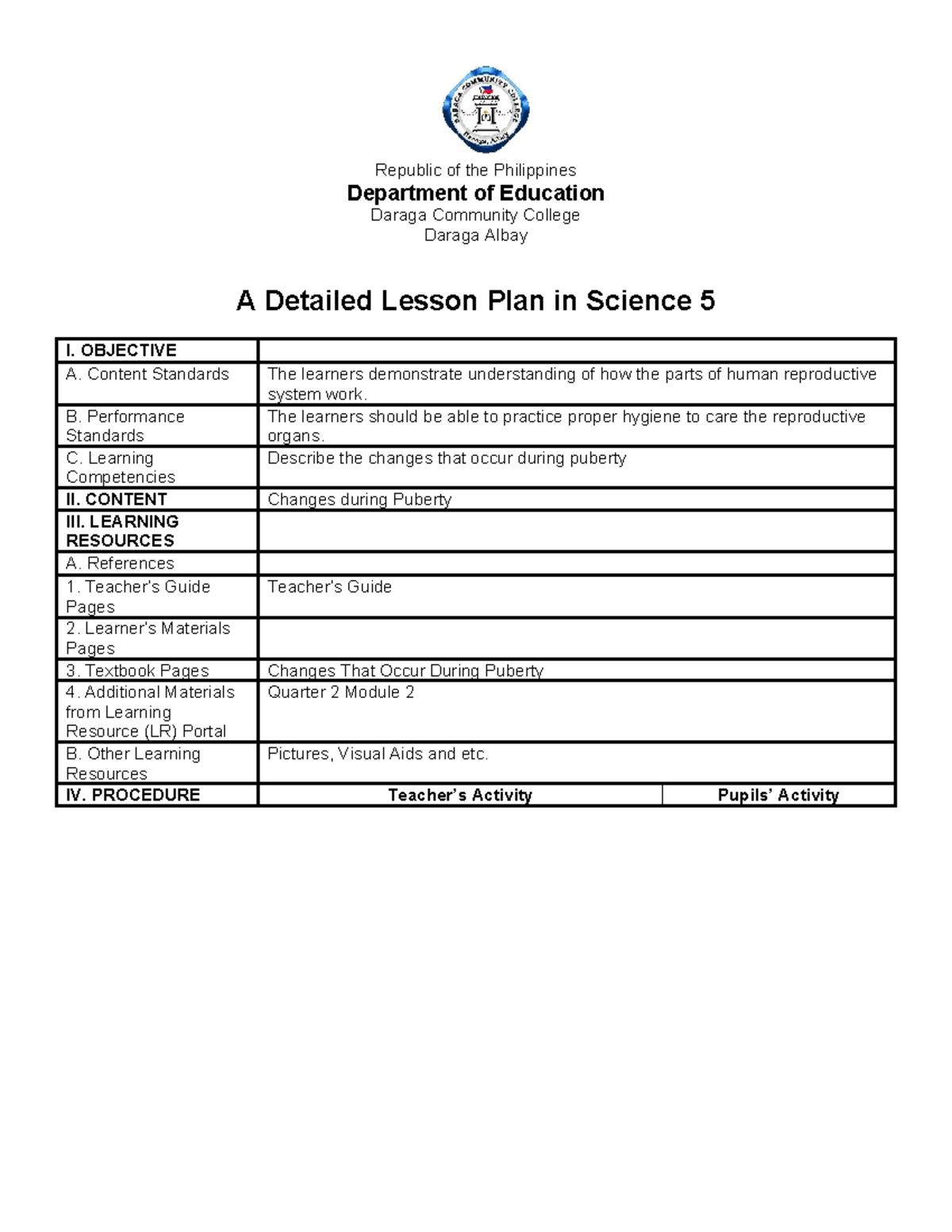 Detailed Lesson Plan on Changes During Puberty (Science 5) - Studocu