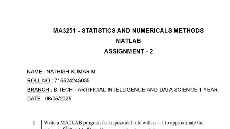 MA3251 MATLAB Assignment 2: Statistics & Numerical Methods - Studocu