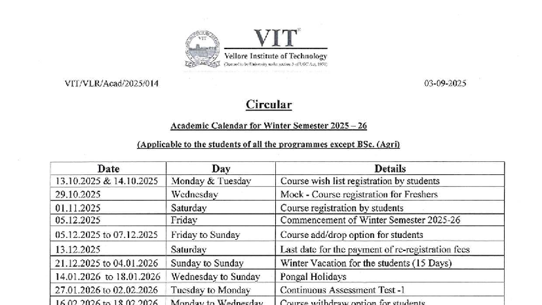 Academic Calendar for Winter Semester 2025-26 at VIT - Studocu