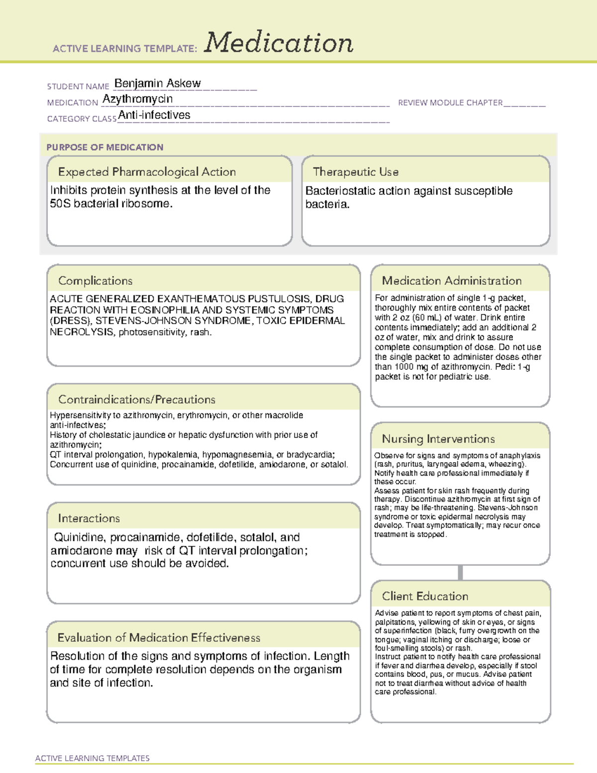 Azithromycin Active Learning Template for Medication Review - Studocu