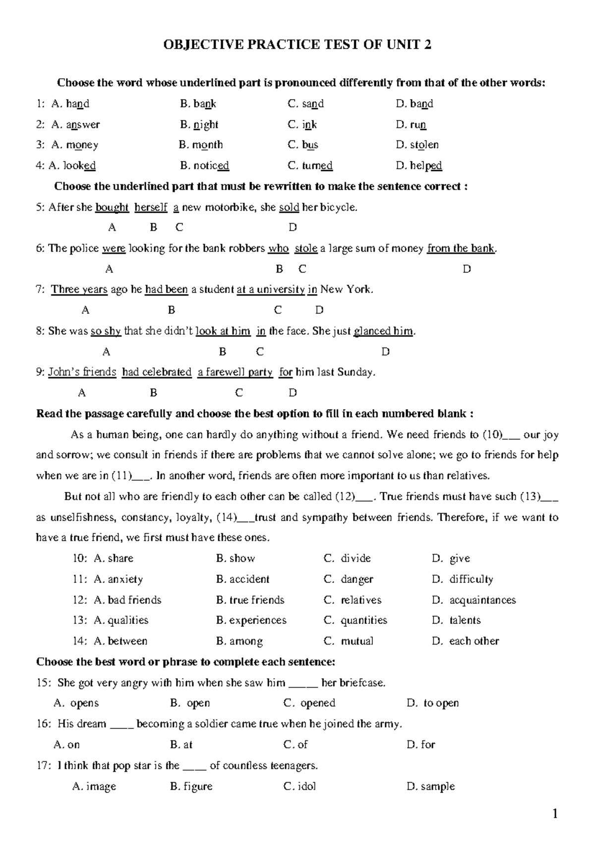 Objective Practice Test for Unit 2: Language and Grammar Skills - Studocu