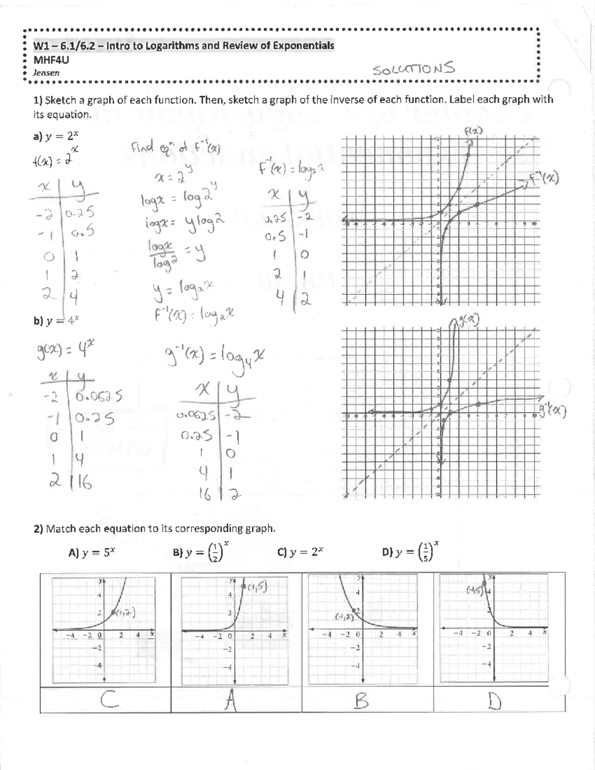 CYU - Intro to Logarithms and Review of Exponentials - Answer Key - W1 ...
