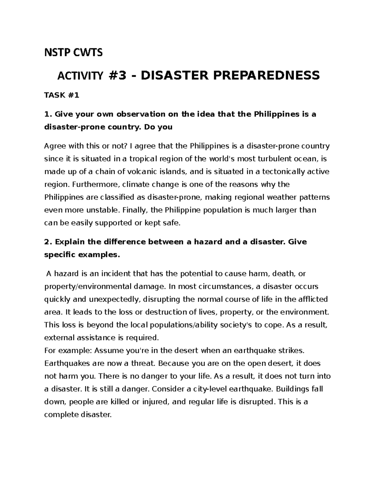 NSTP CWTS Activity #3: Understanding Disaster Preparedness - Studocu