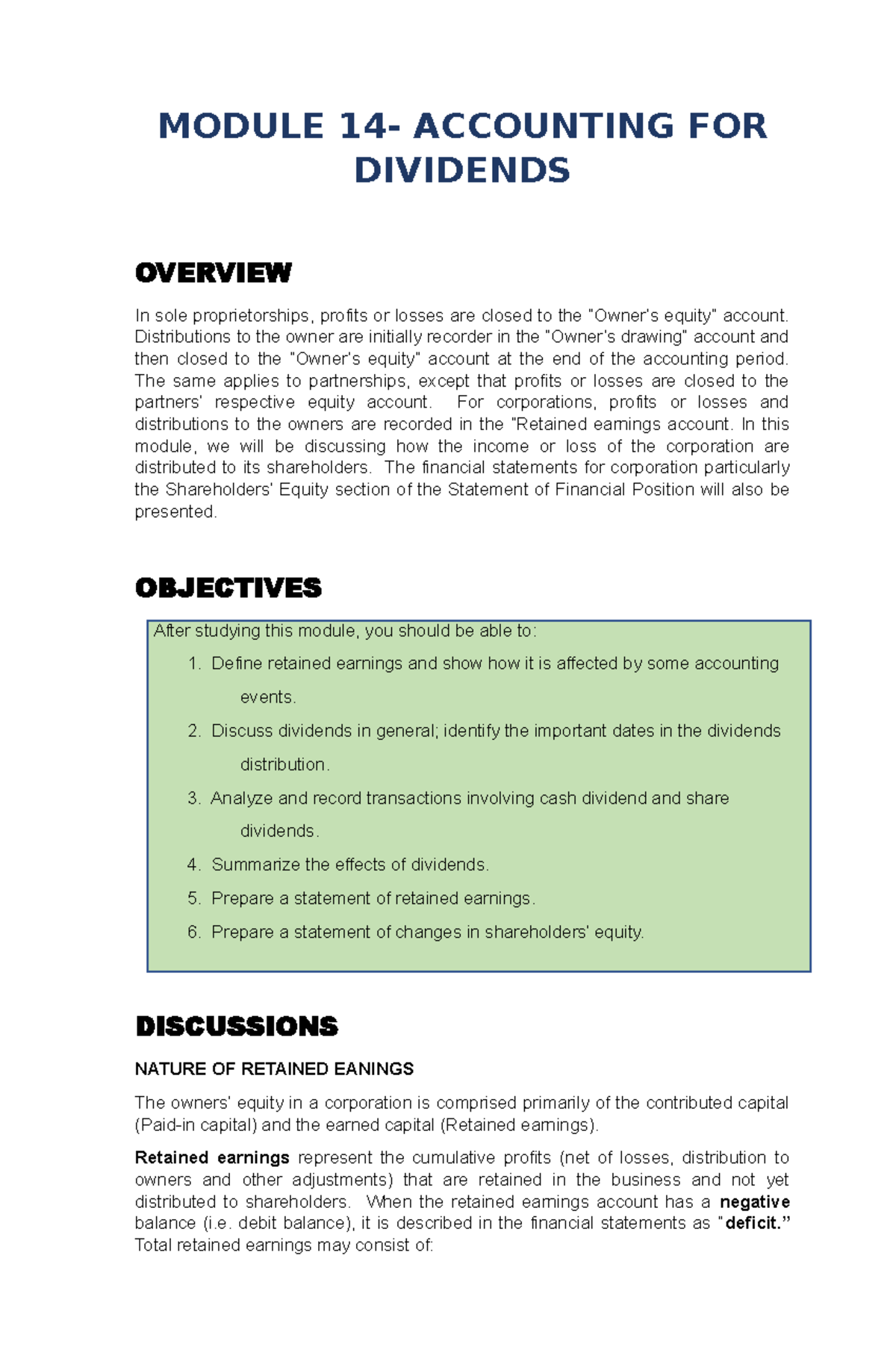 Module 14 Acctg FOR Dividends - MODULE 14- ACCOUNTING FOR DIVIDENDS ...