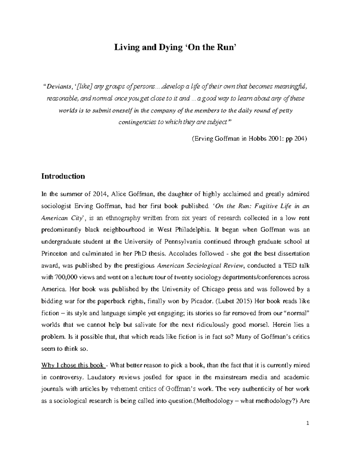 Ethnography as Methodology in Alice Goffmann - LALA146S4 - Birkbeck ...