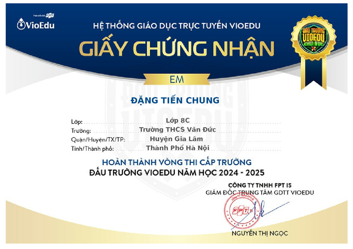 Vio Edu Certificate - Testing - S-111B - ĐẶNG TIẾN CHUNG Lớp 8C Trường ...