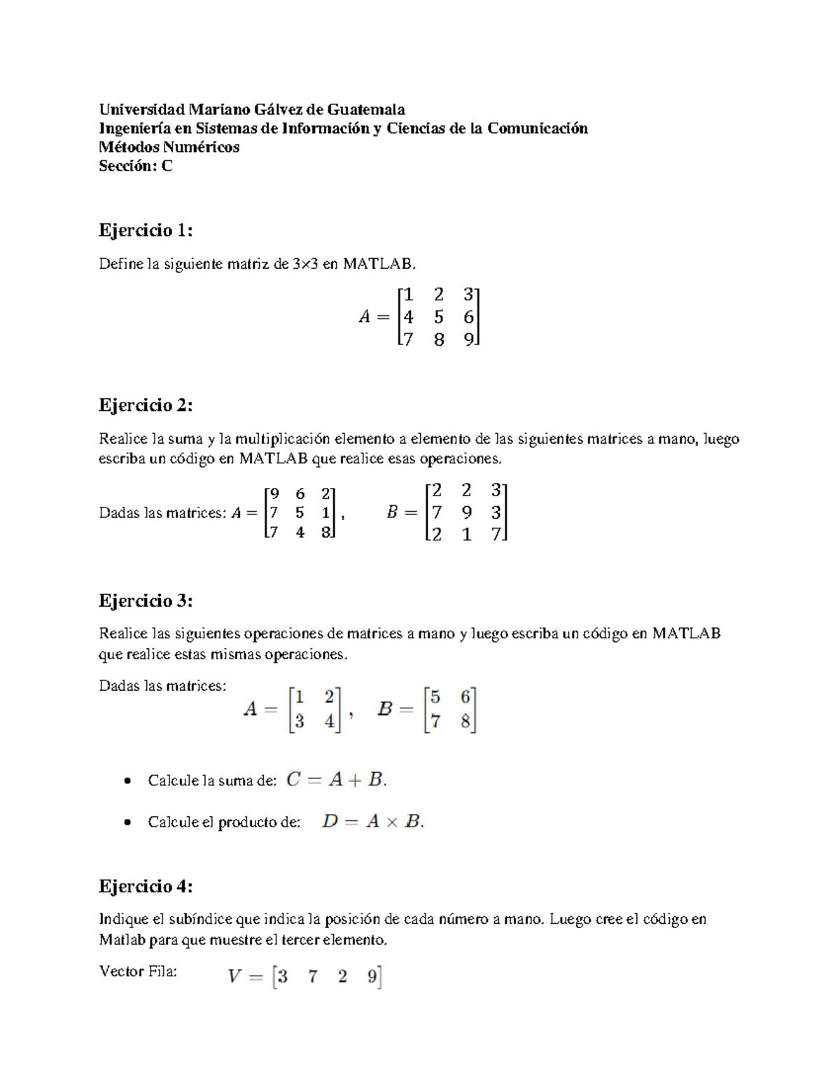 Ejercicios de MATLAB - Métodos Numéricos (Ing. Sistemas) - Studocu
