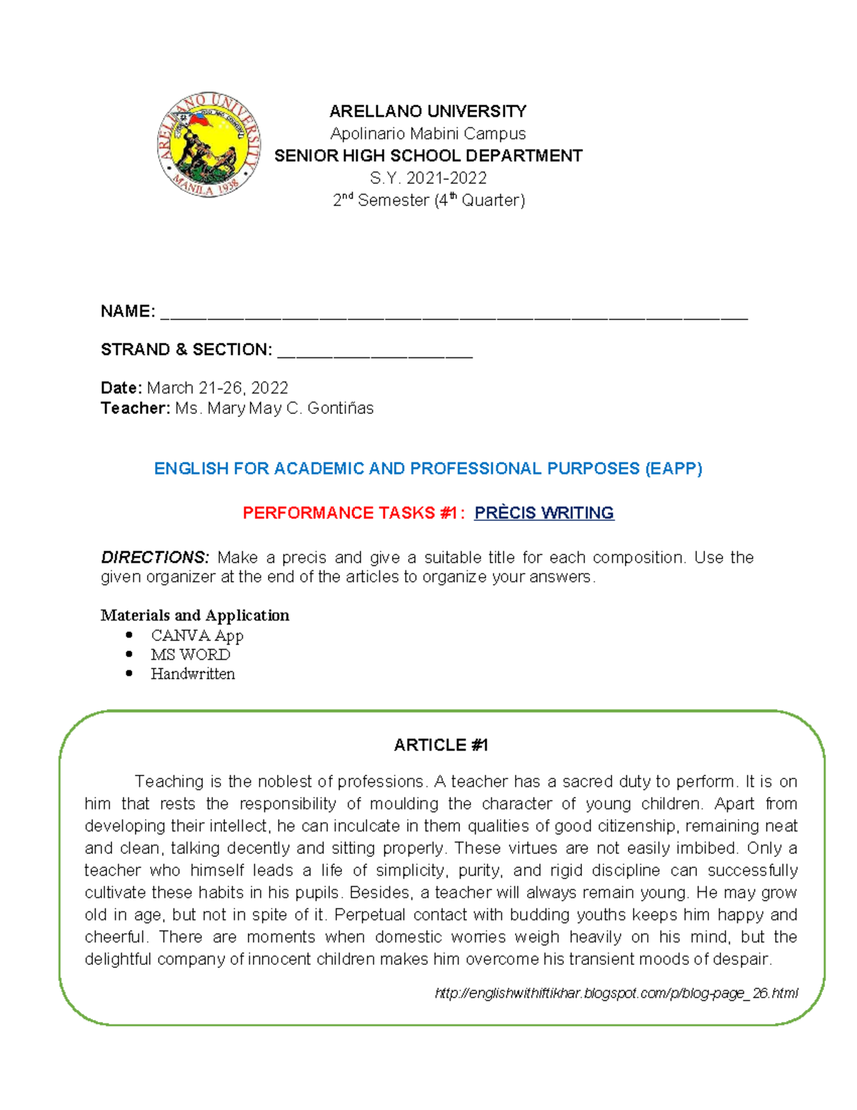 EAPP 4th Quarter Performance Task: Précis Writing Guide - Studocu