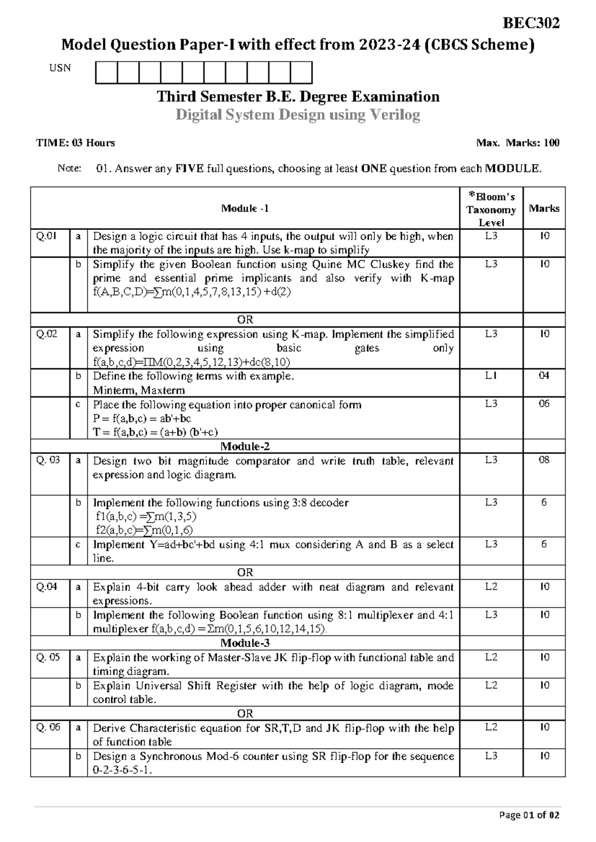 BEC302 Model Question Paper - Digital System Design with Verilog - Studocu