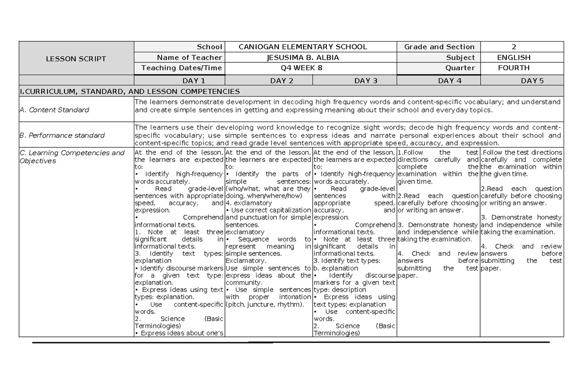 English DLL Q4 Week 8 - Lesson Plan for Grade 2 - Studocu