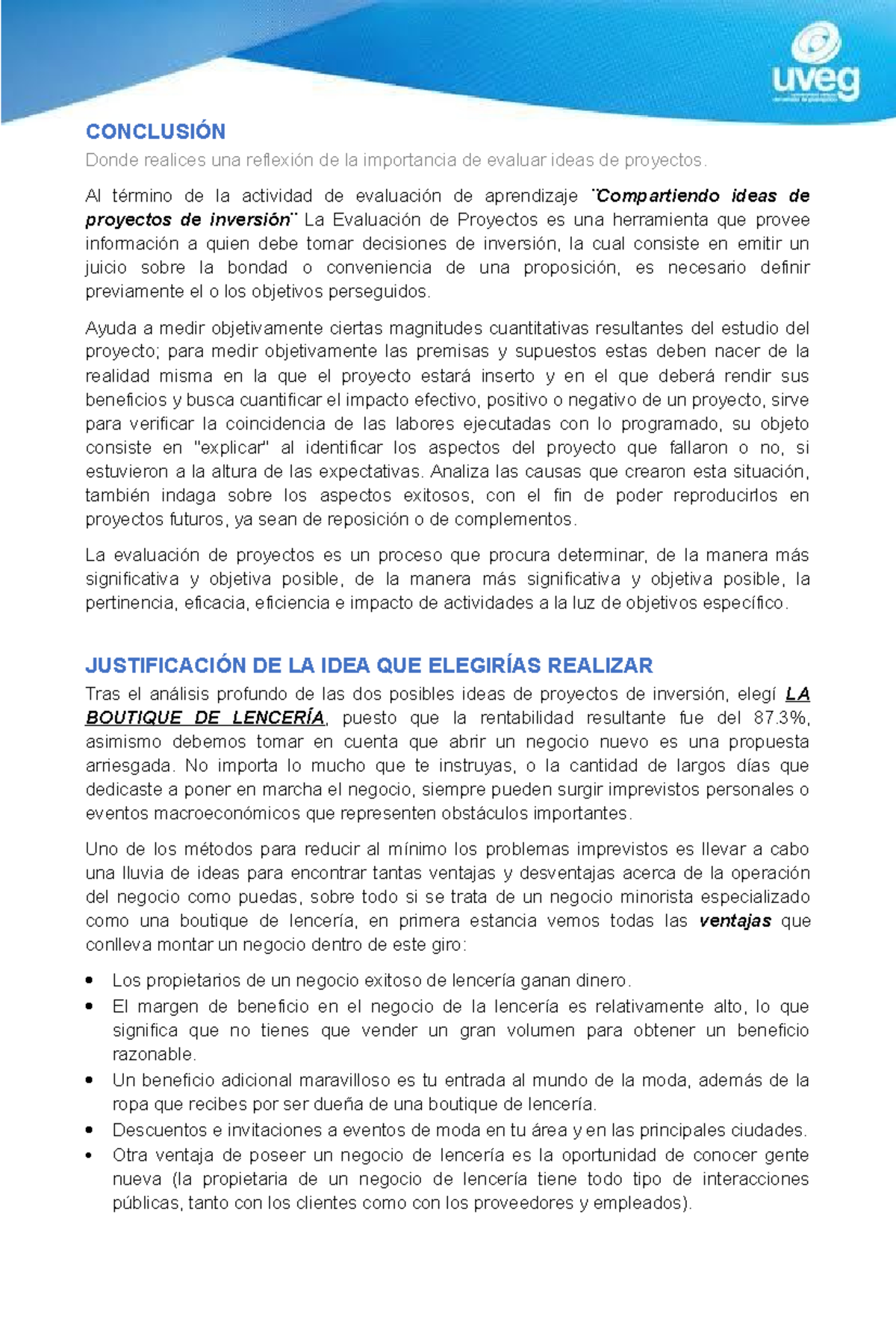 Conclusiones sobre la Evaluación de Proyectos - FIN 101 - Studocu
