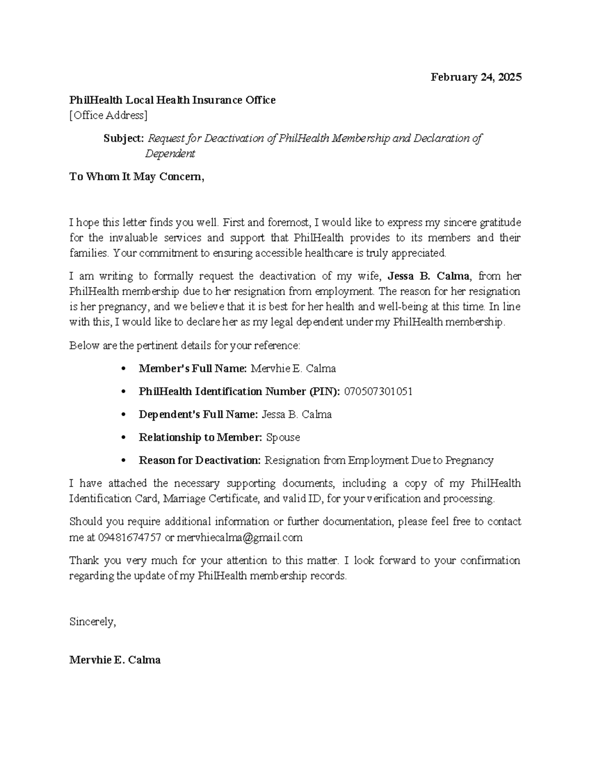 PhilHealth Request Letter: Dependent Deactivation & Declaration - Studocu