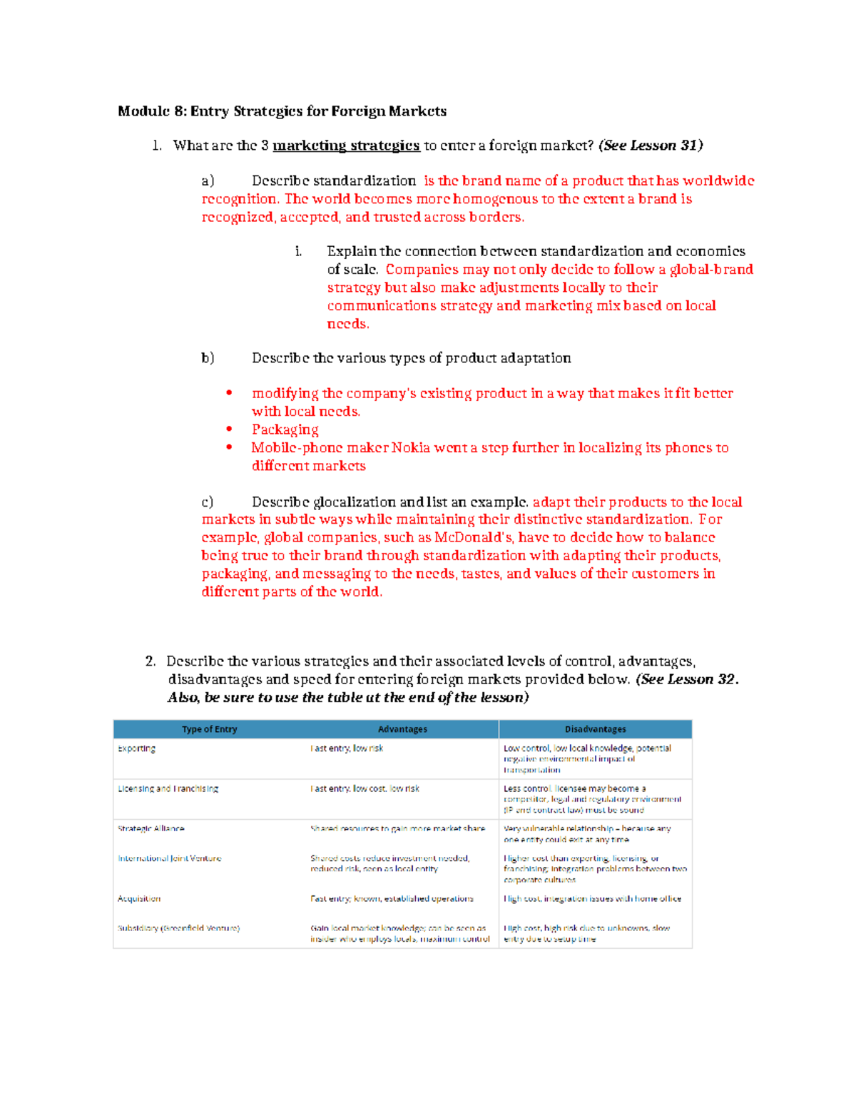 Module 8 Enhanced Study Guide: Entry Strategies for Foreign Markets ...