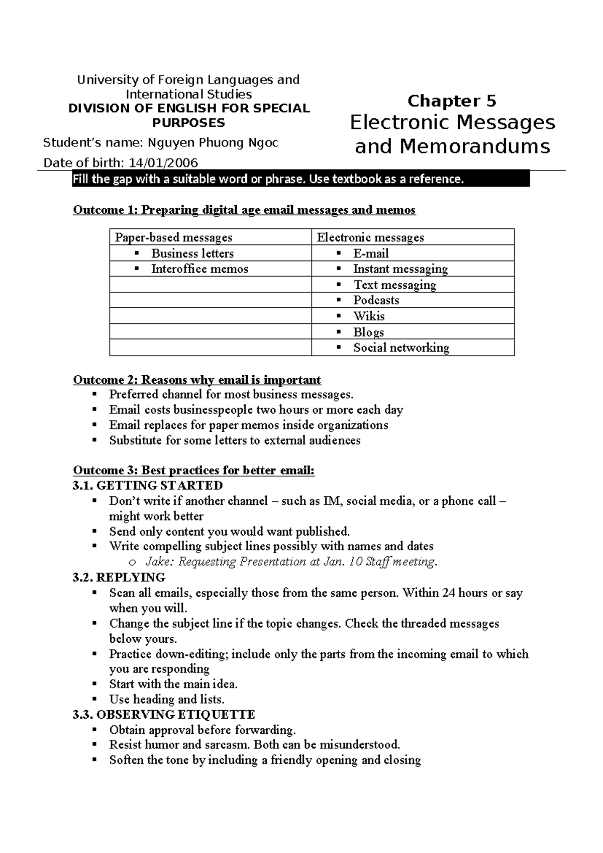 Chapter 5: Electronic Messages & Memos in Business Communication - Studocu