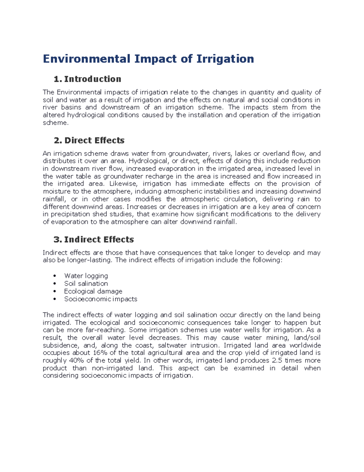 Effects of Irrigation - Environmental Impact of Irrigation 1. Introduction The Environmental ...