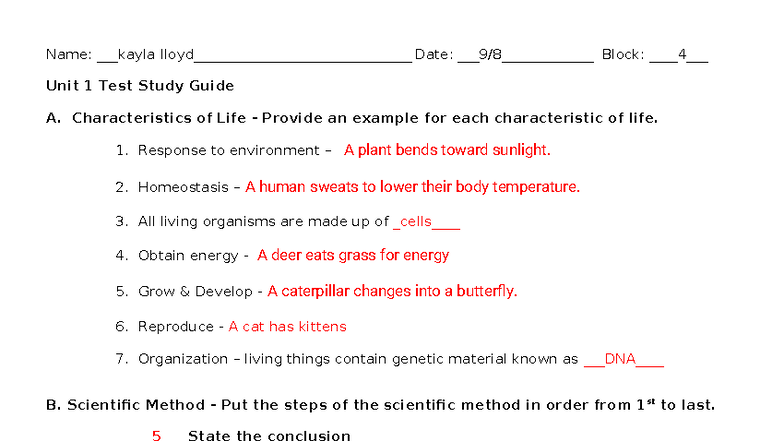 Unit 1 Test Study Guide: Characteristics of Life & Scientific Method ...