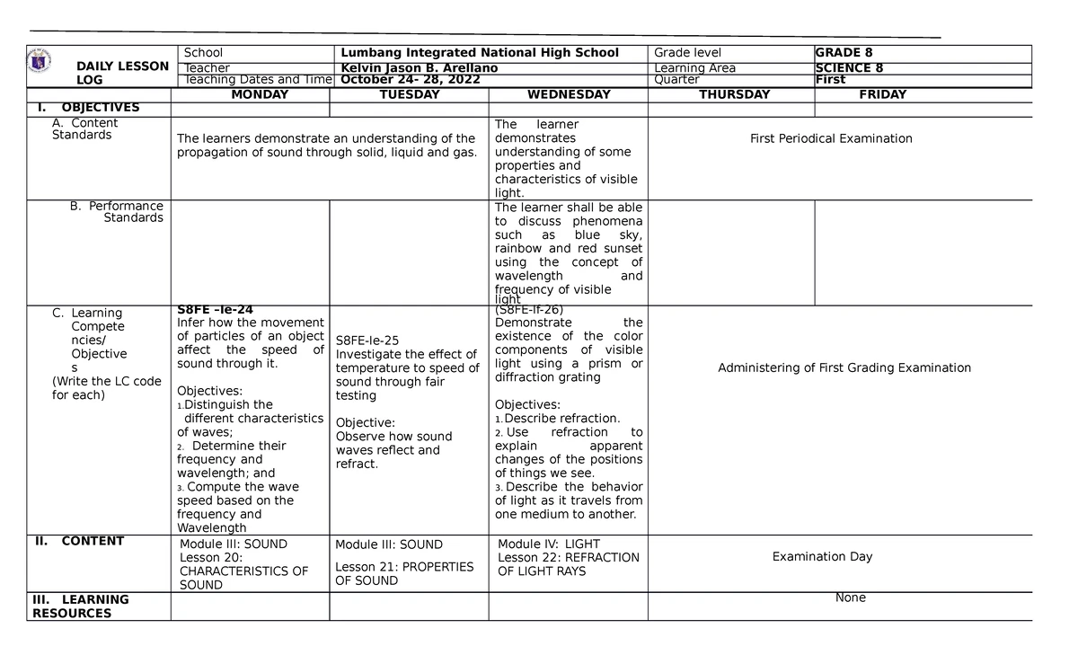 Earth AND LIFE Science DLL - 1st week - GRADE 12 DAILY LESSON LOG ...
